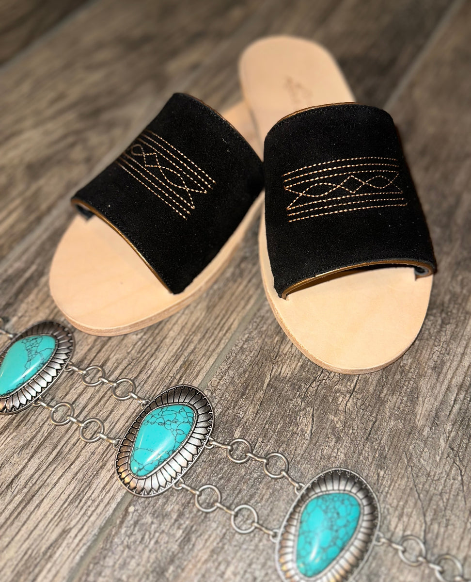 Nadia Western Boot Stitch Slide • Black w/ Copper Stitching – The Ranch ...